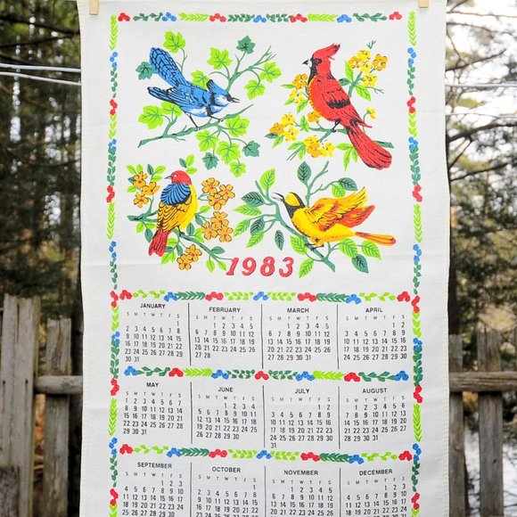 Vintage | Other | Vtg 983 Calendar Tea Towel Summer Birds On Branches ...